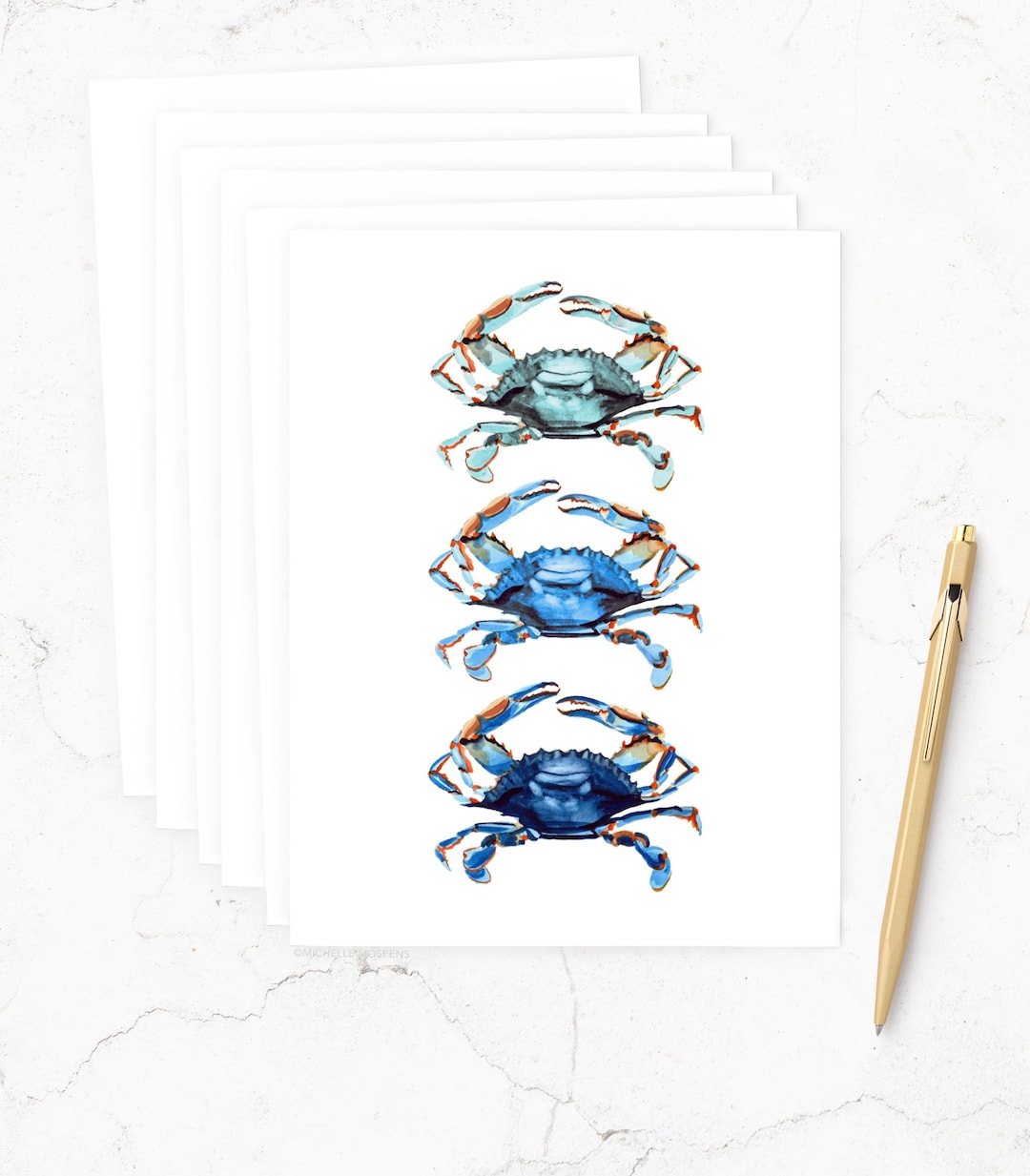 Set of Illustrated Blue Crabs Note Cards: Coastal Watercolor Crabs ...