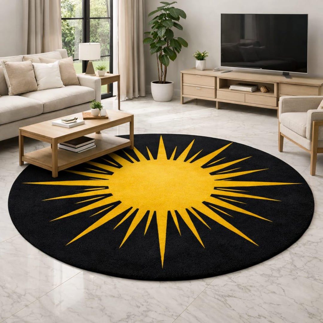 Sunburst Round Area Rug, Black Yellow Modern Carpet, Minimalist Home ...