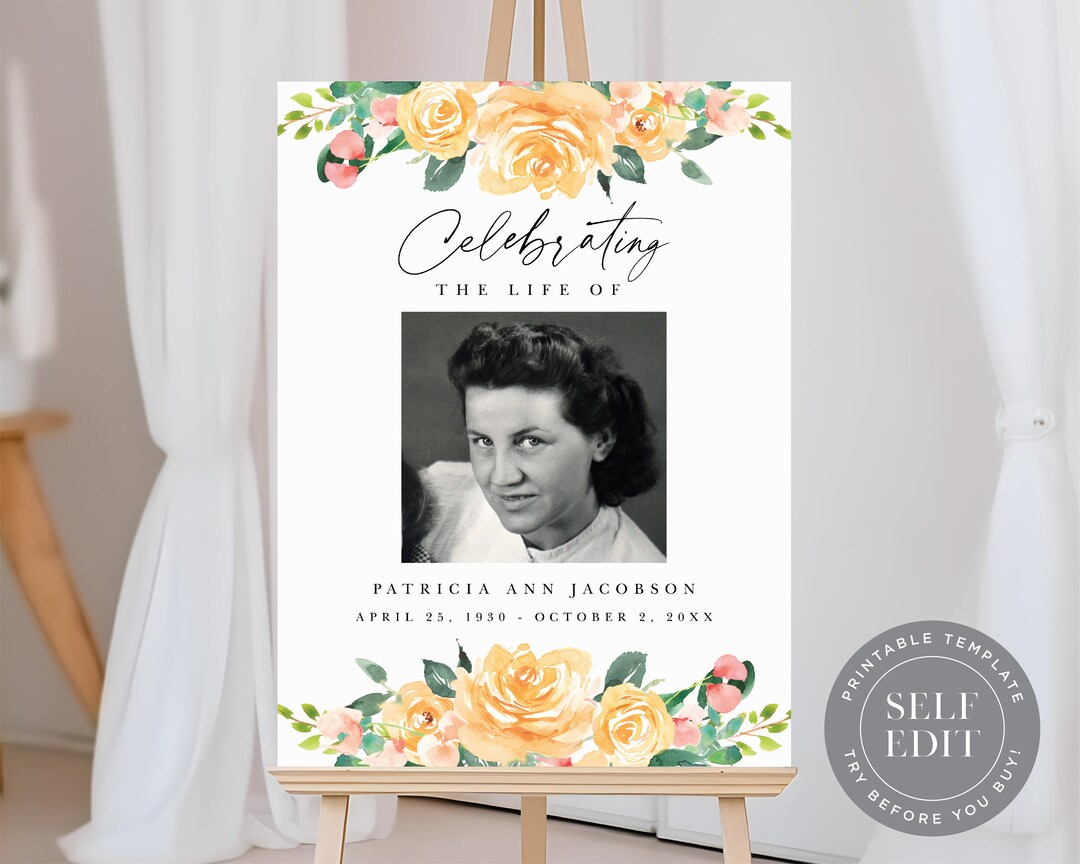 Funeral Welcome Sign Template, Yellow Floral Memorial Service Sign ...