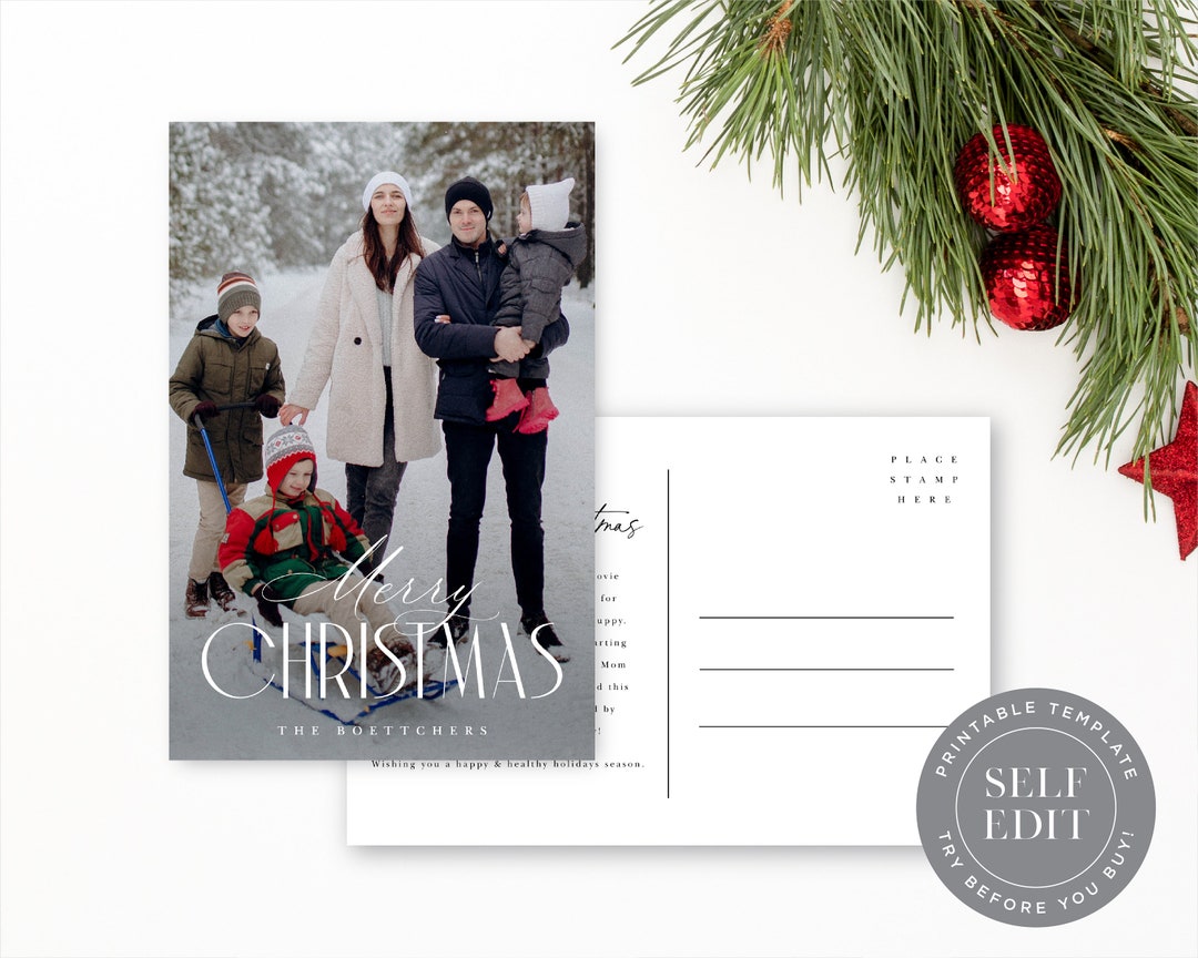 Merry Christmas Photo Postcard Template, Minimalist Christmas Postcard ...
