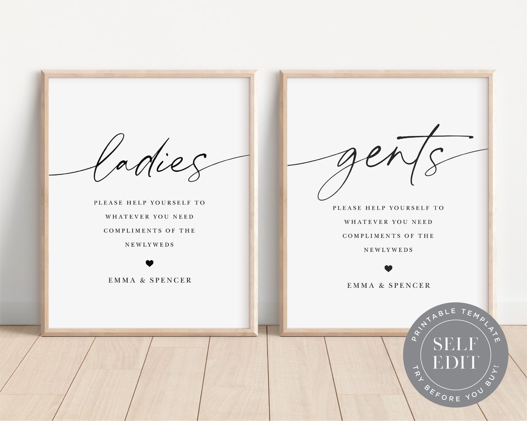 Bathroom Wedding Sign Template, Minimalist Ladies Gents Bathroom Basket ...