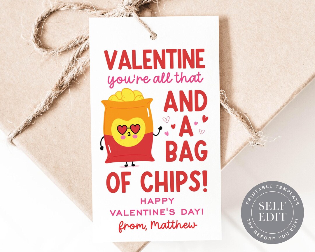 Potato Chip Valentine Gift Tag Printable: Snack Chip Gift Tag for Kid's ...