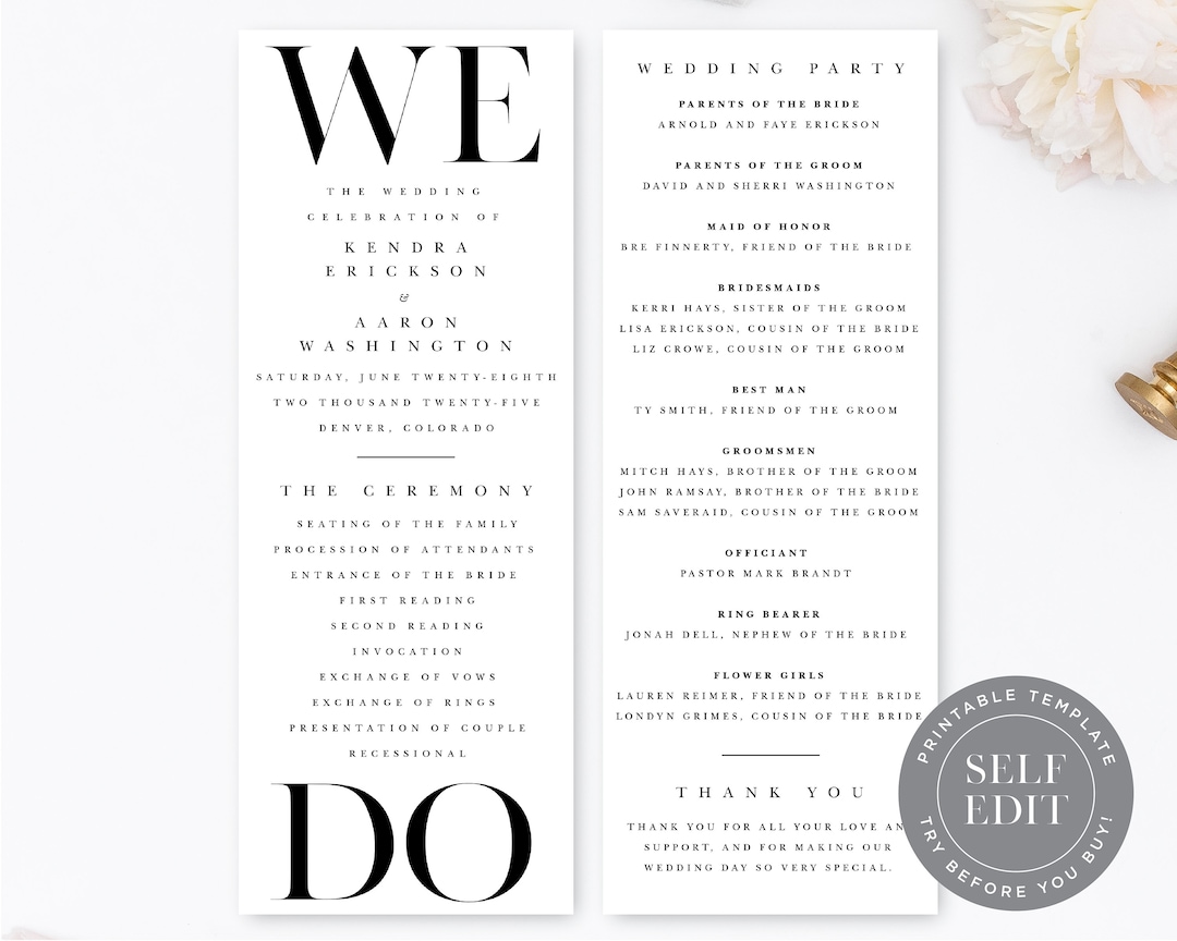 Classic Wedding Program Template: Elegant Black & White (instant ...