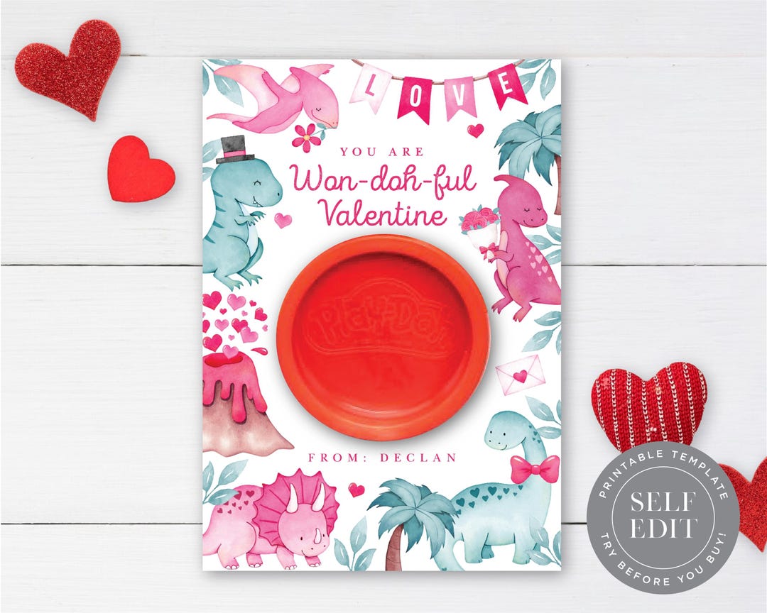 Valentine Dinosaur Play Dough Holder Printable, You Are Won-doh-ful ...