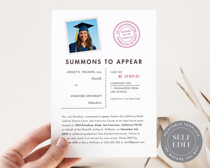 Law School Graduation Party Invitation: Summons Template (5x7, Corjl ...