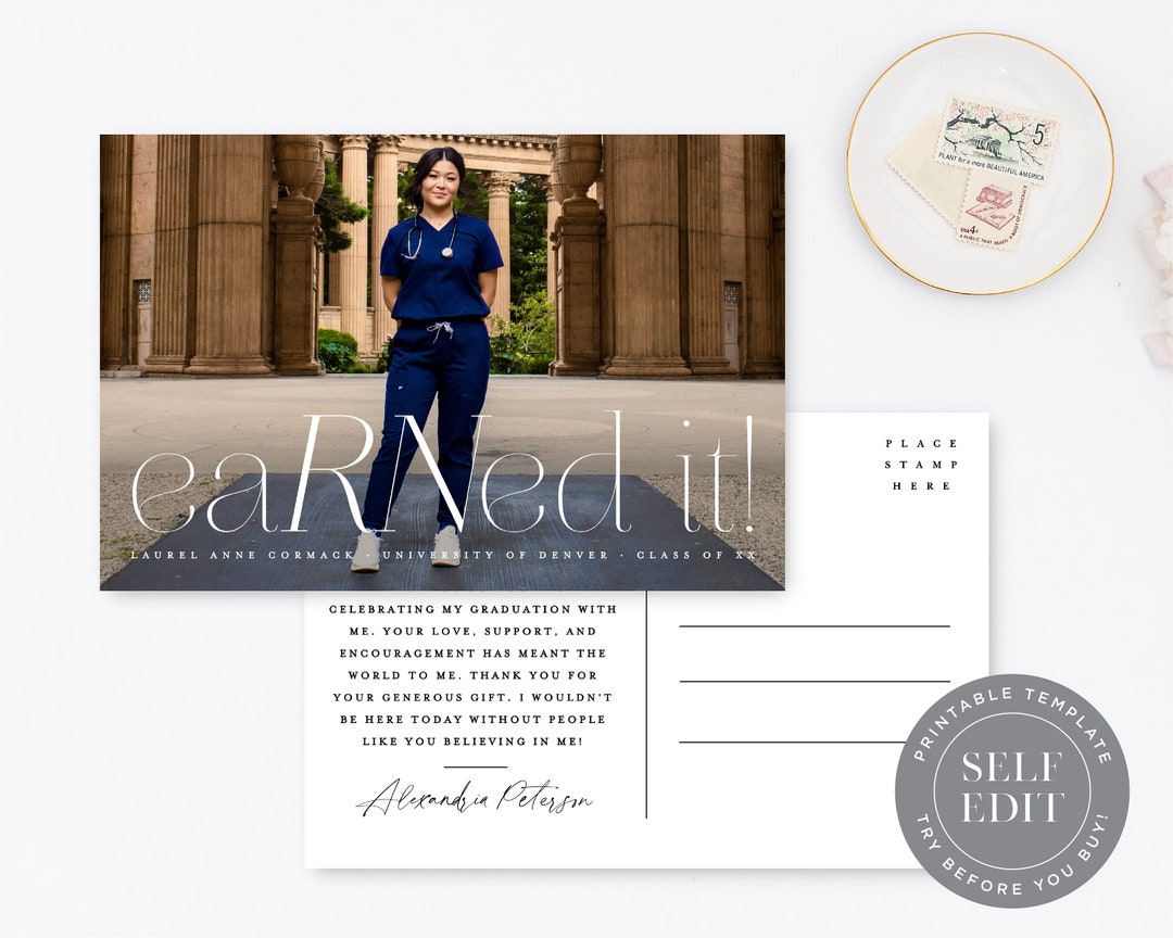 Nursing School Graduation Announcement Postcard Template: 4x6 Editable ...