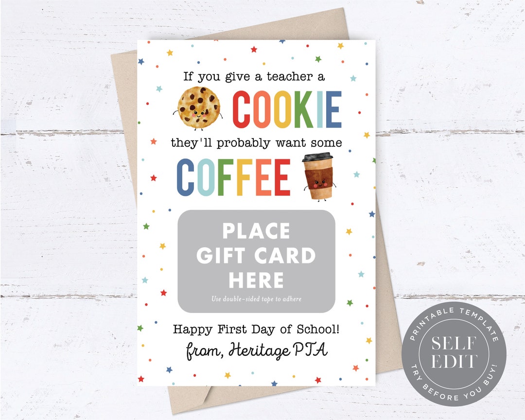 If You Give a Teacher a Cookie Gift Card Printable, Back to School ...