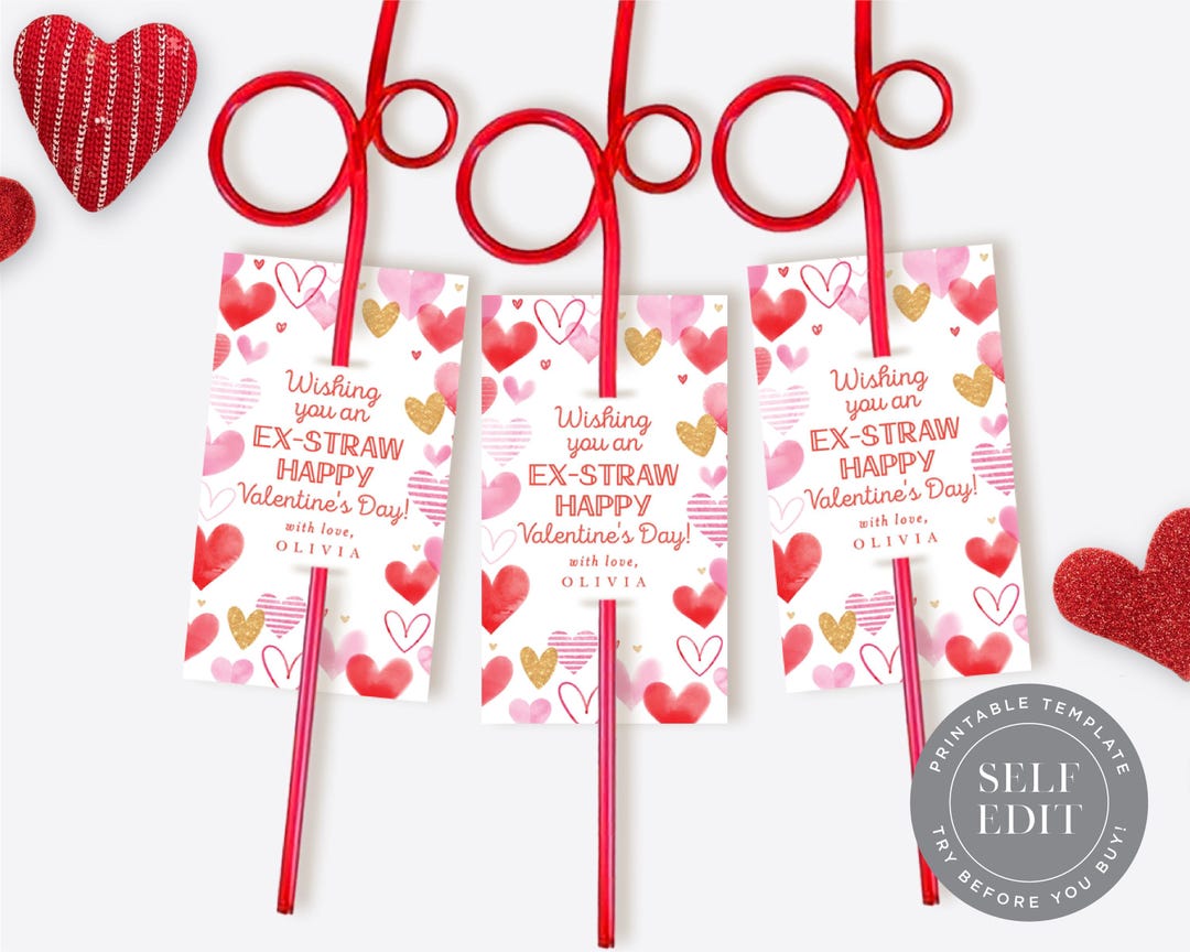 Valentine's Day Straw Gift Tag Printable, Valentine Silly Straw Holder ...