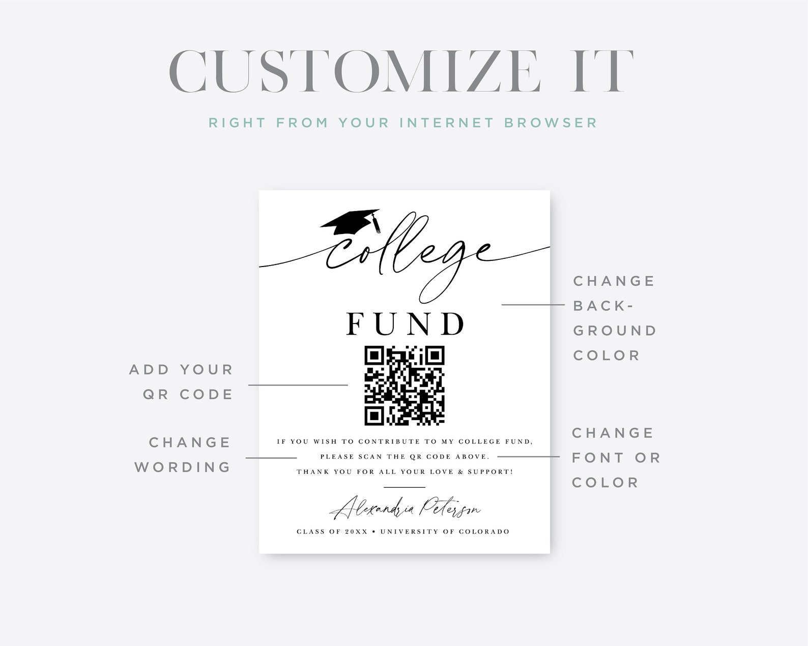 Graduation College Fund QR Code Sign Template (editable 5x7 or 8x10 ...