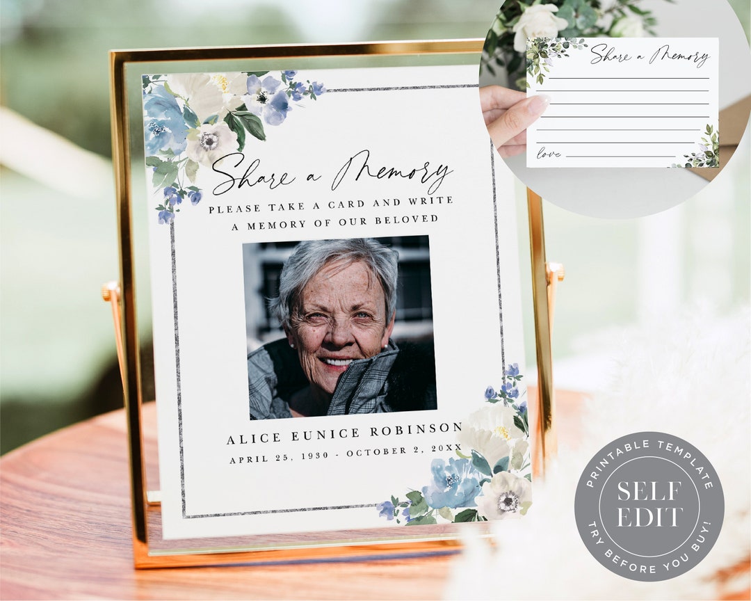 Funeral Share a Memory Sign Template, Blue Floral Memorial Service ...