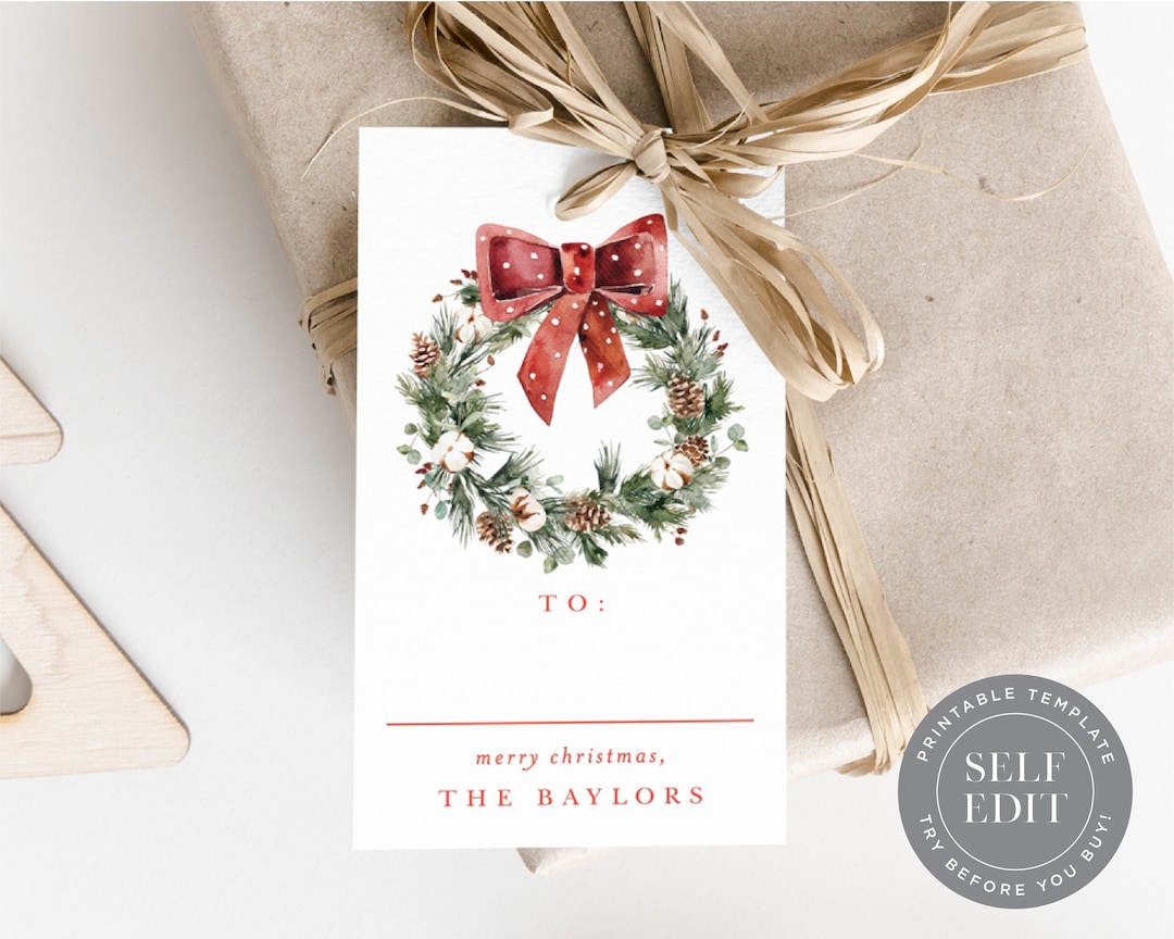 Christmas Wreath Gift Tag Printable, Holiday Wreath Present Tag ...