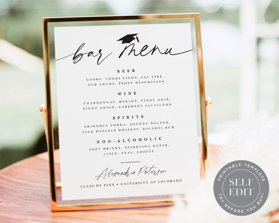 Graduation Bar Menu Sign Template, Graduation Party Bar Menu Signature ...