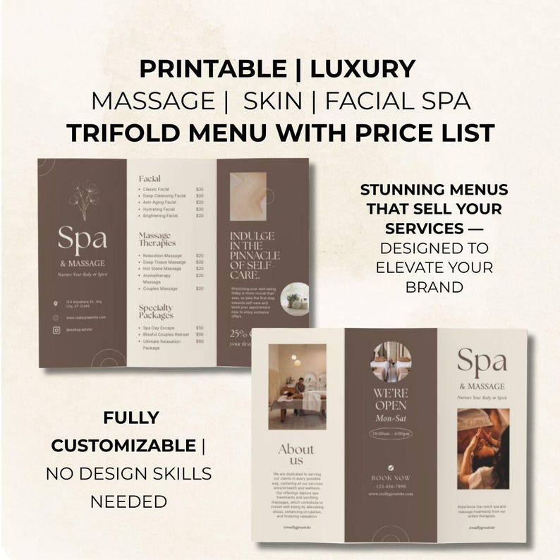 Beauty Spa Trifold Brochure, Skin Facial Massage Spa Menu Template ...