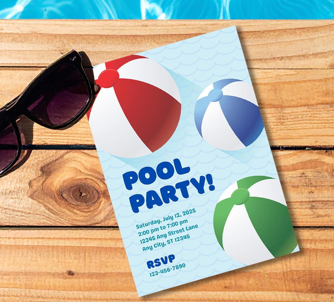 Pool Party - Beach Ball Theme - Digital Invitations, 5x7 for Print and ...