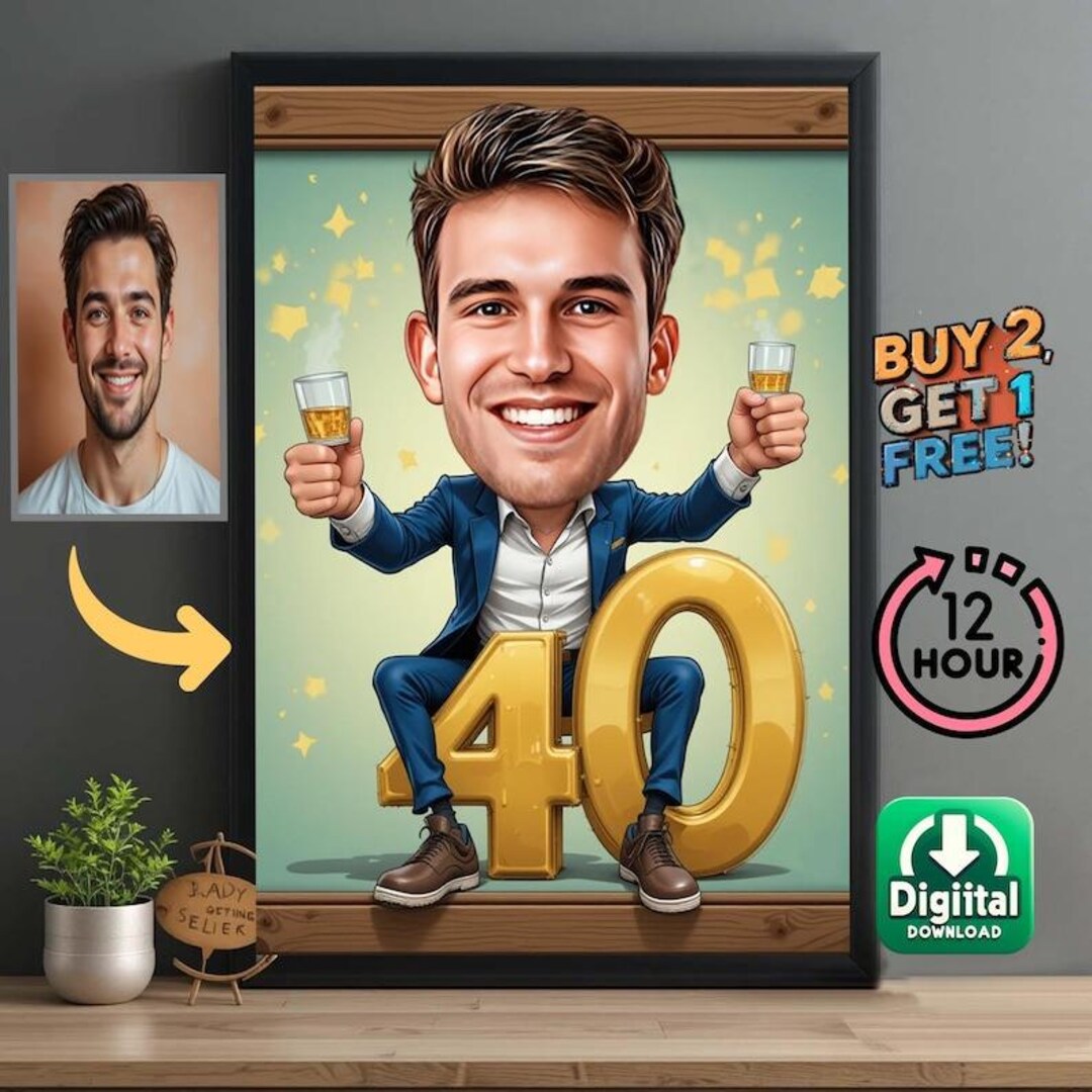 Personalised 40th Cartoon Portrait, Custom Happy Birthday Caricature ...