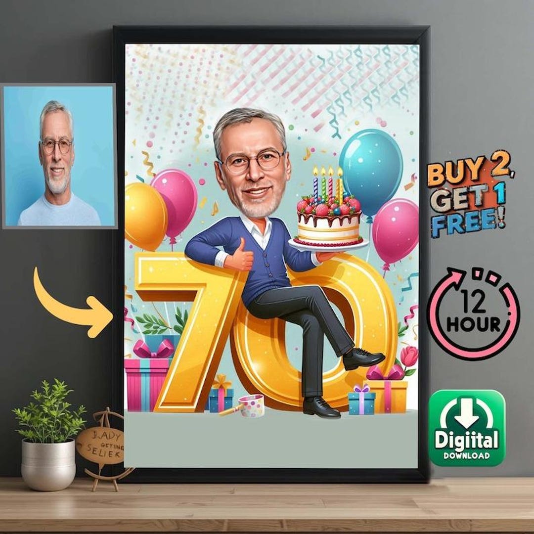 Personalised 70th Cartoon Portrait, Custom Happy Birthday Caricature ...