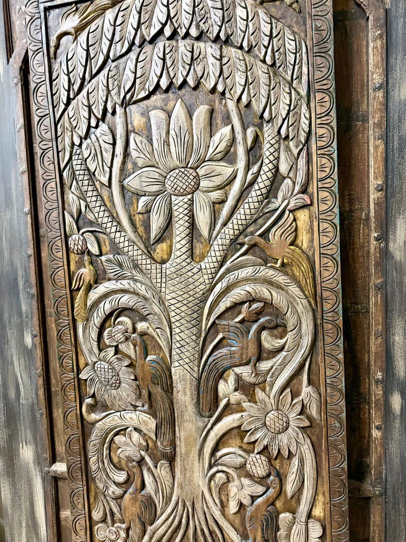 Vintage Carved Wood Tree of Life Door: Hand Painted Feature Wall Art ...