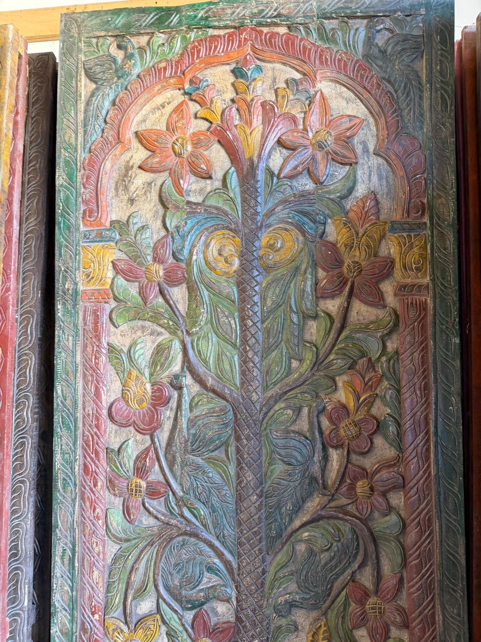 Artisan Carved Wood Tree of Life Door – Vintage Elephants Hand-painted ...