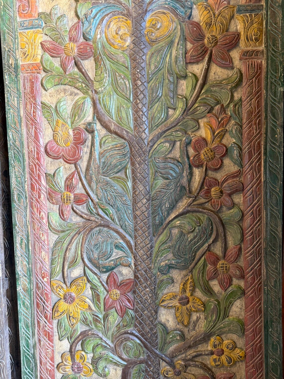 Artisan Carved Wood Tree of Life Door – Vintage Elephants Hand-painted ...