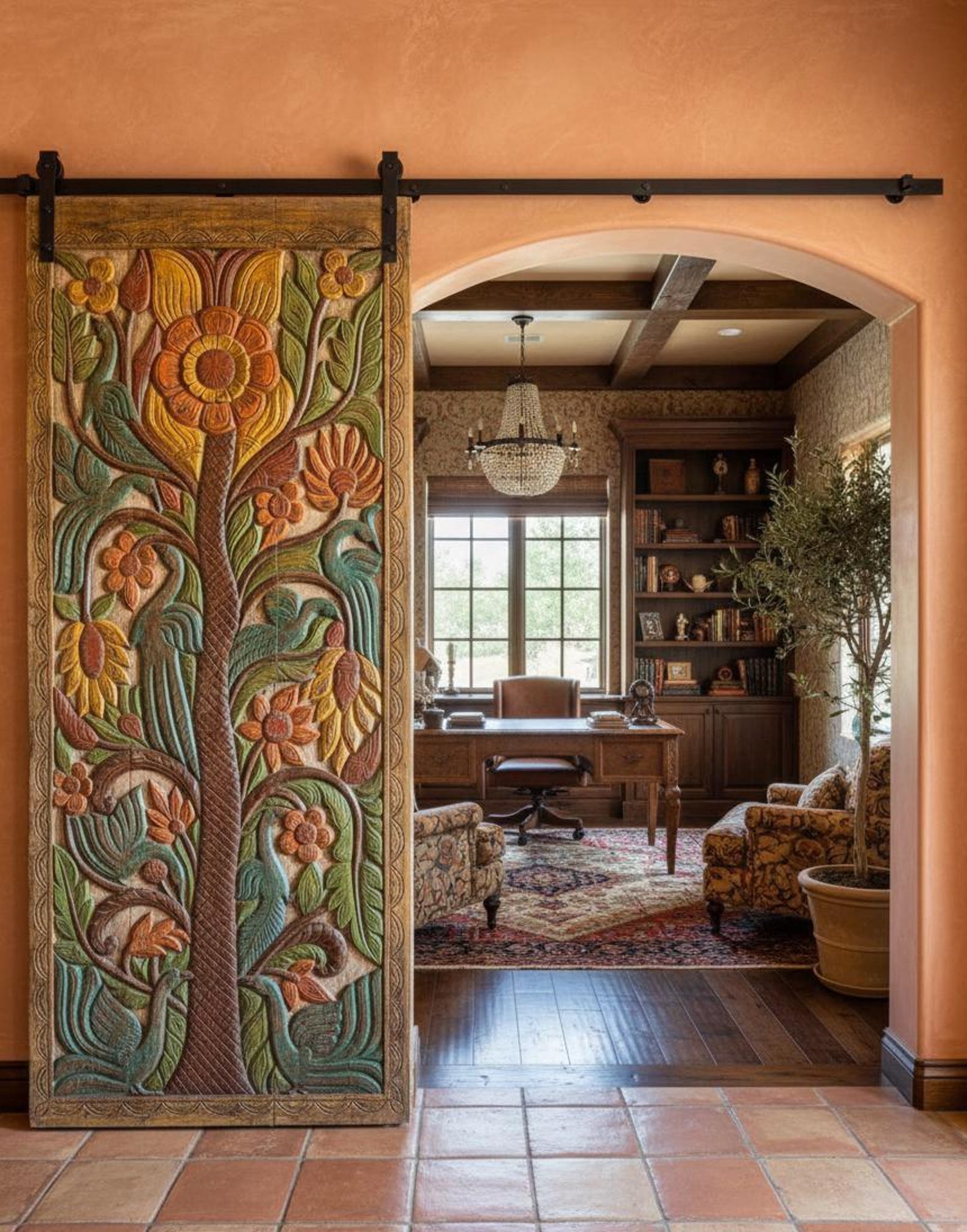 Vintage Tree of Life Carved Birds Wooden Door | Colorful Artistic Barn ...