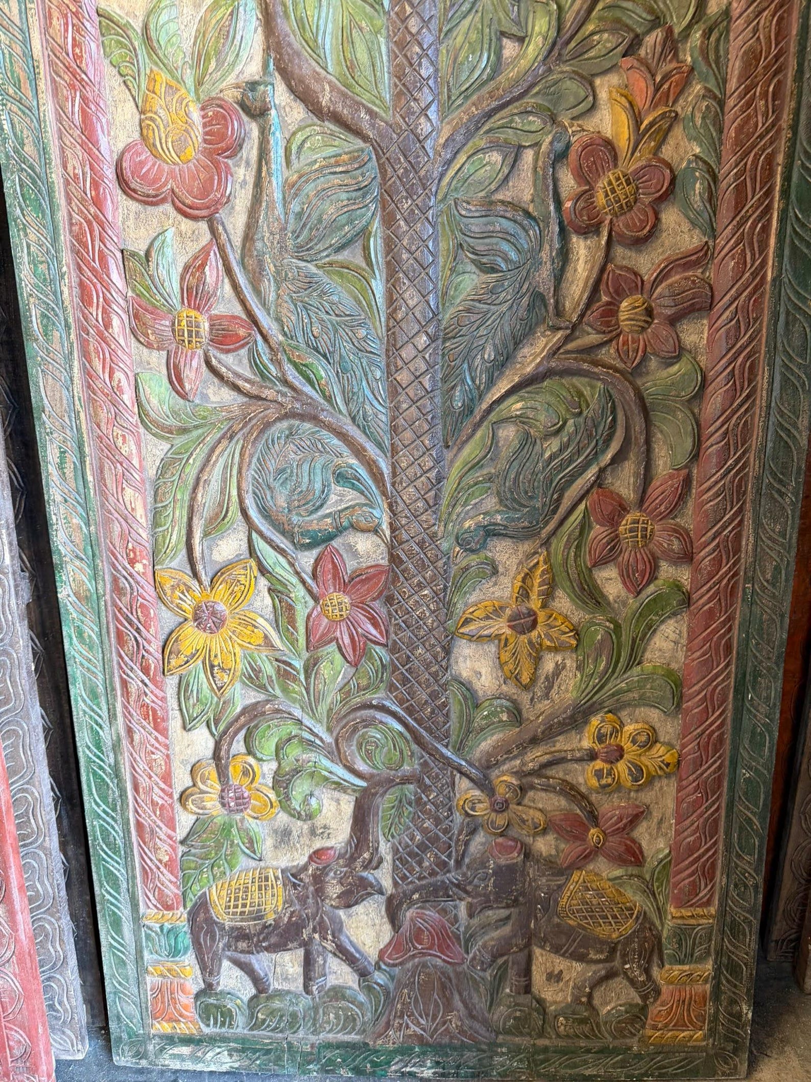 Artisan Carved Wood Tree of Life Door – Vintage Elephants Hand-painted ...