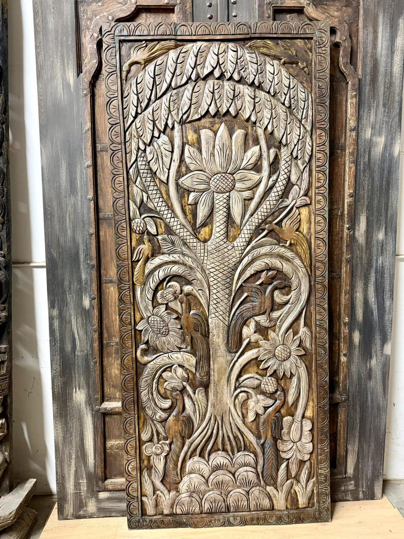 Vintage Carved Wood Tree of Life Door: Hand Painted Feature Wall Art ...