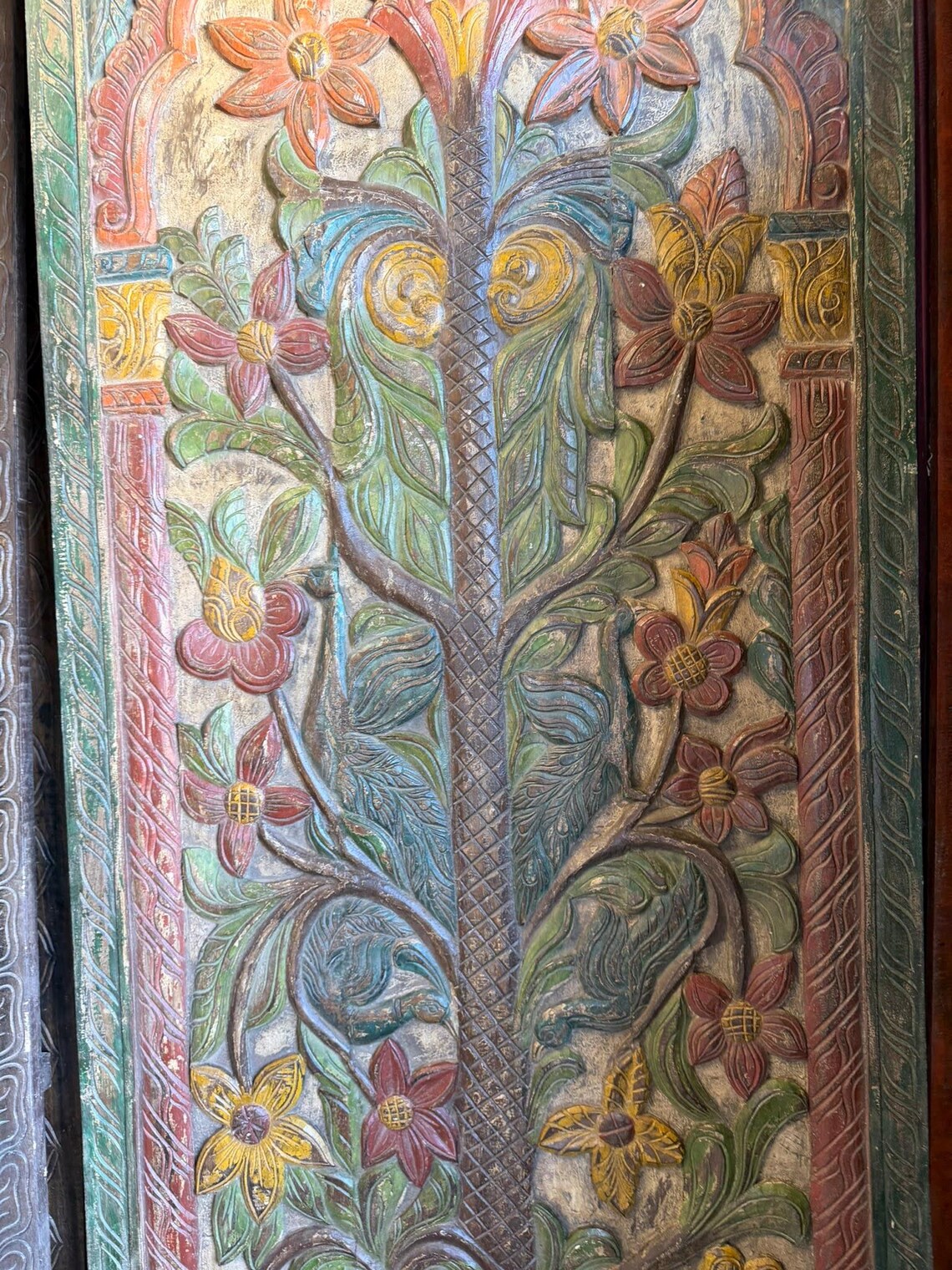 Artisan Carved Wood Tree of Life Door – Vintage Elephants Hand-painted ...