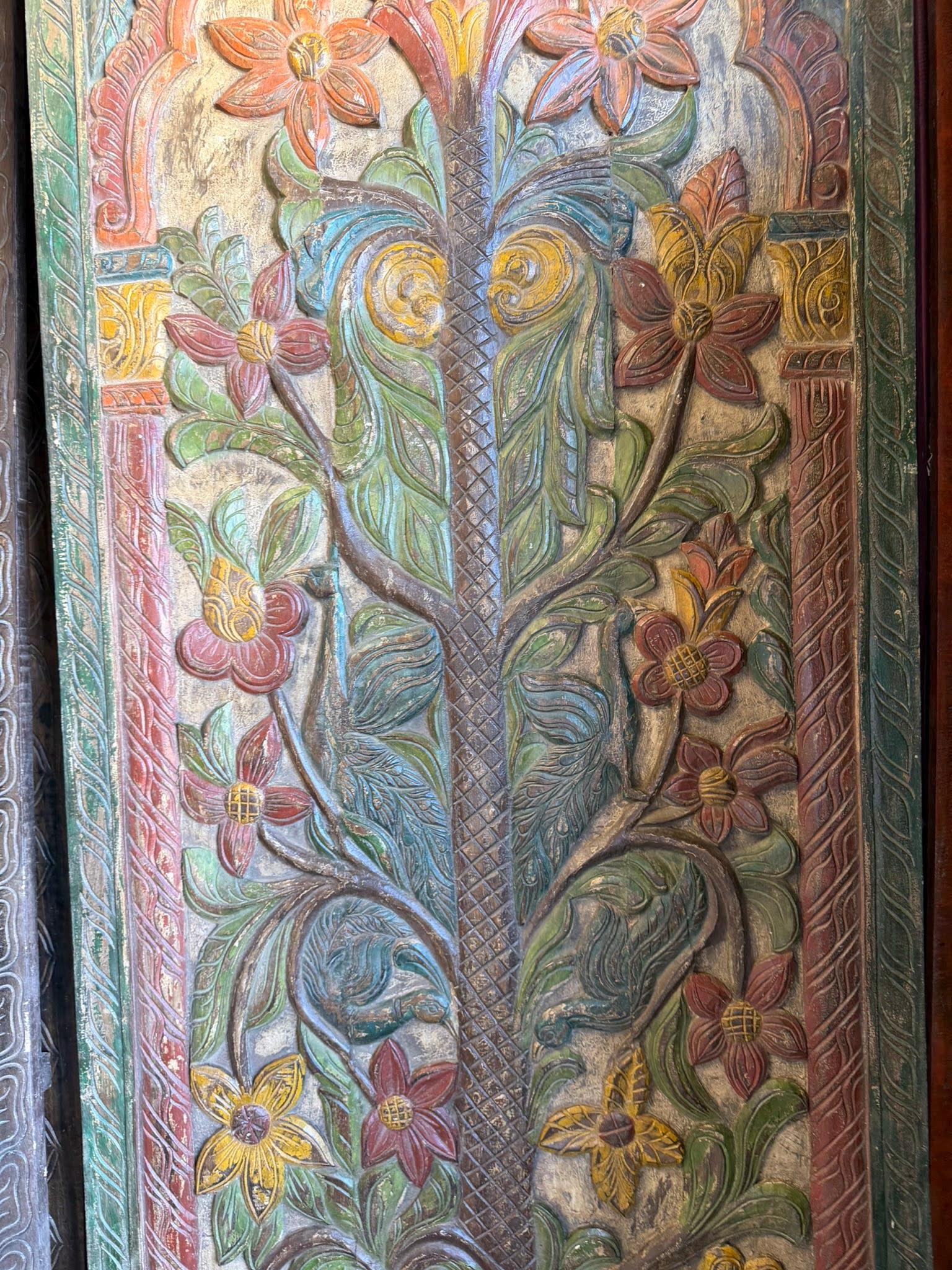 Artisan Carved Wood Tree of Life Door – Vintage Elephants Hand-painted ...