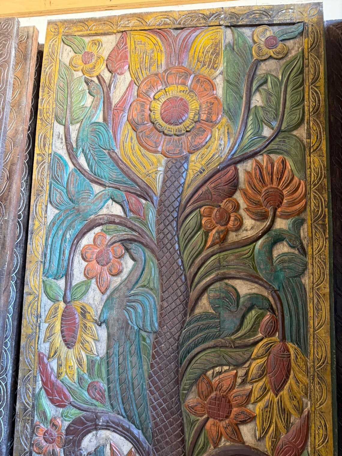 Vintage Tree of Life Carved Birds Wooden Door | Colorful Artisanal Wall ...