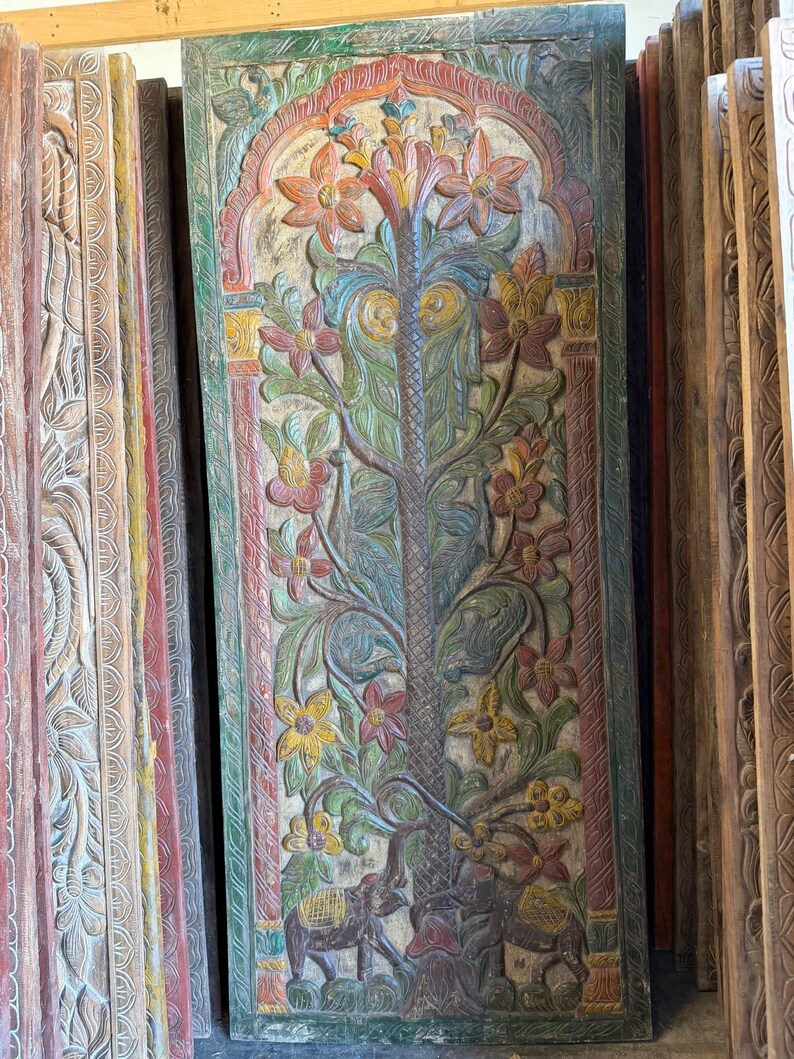 Artisan Carved Wood Tree of Life Door – Vintage Elephants Hand-painted ...