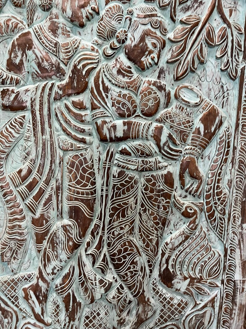 Radha Krishna Vintage Carved Door Wall Art Rustic Coastal Boho Bluewash ...