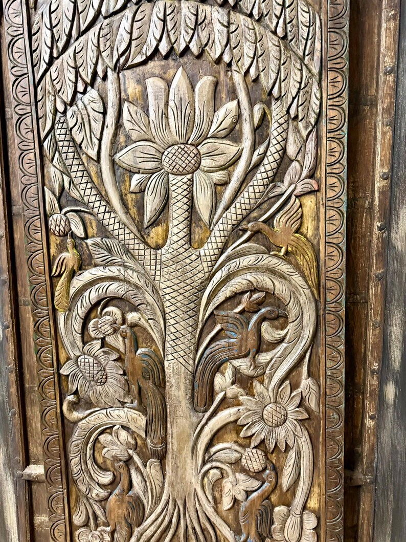 Vintage Carved Wood Tree of Life Door: Hand Painted Feature Wall Art ...