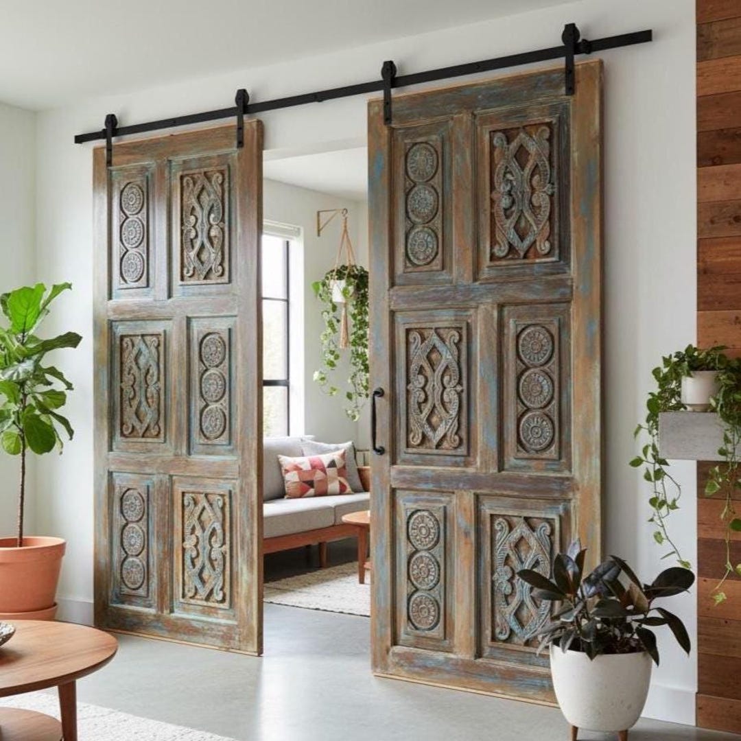 Asymmetrical Panels Carved Wood Doors | Hand-rubbed Distressed Finish ...