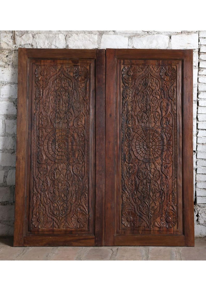 Vintage Double Carved Lotus Doors – Solid Wood Statement Entry Doors ...