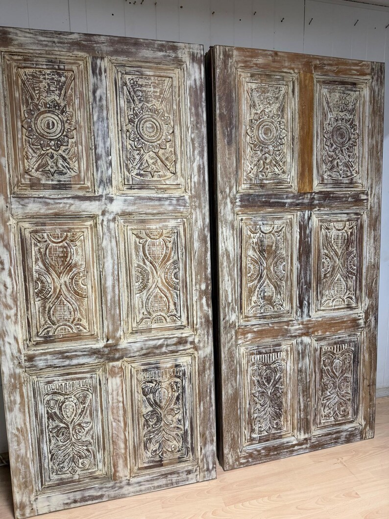 Vintage White Floral Carved Wooden Door: Rustic Modern Interior Single ...