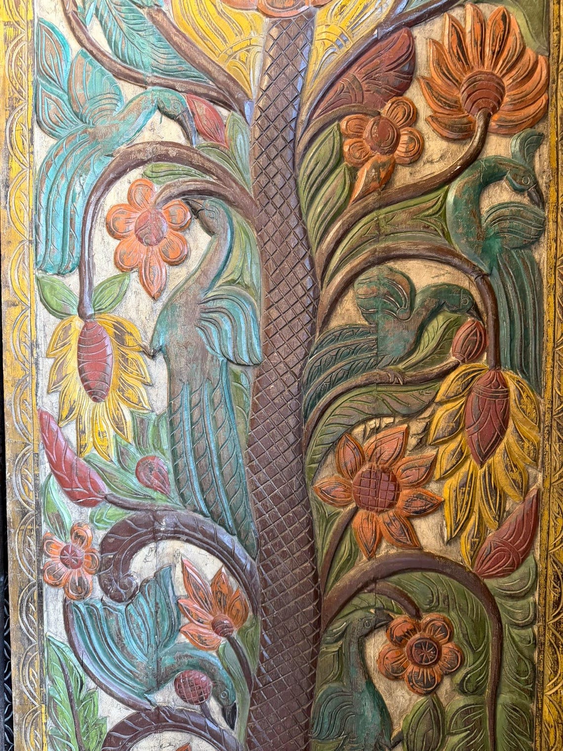 Vintage Tree of Life Carved Birds Wooden Door | Colorful Artisanal Wall ...
