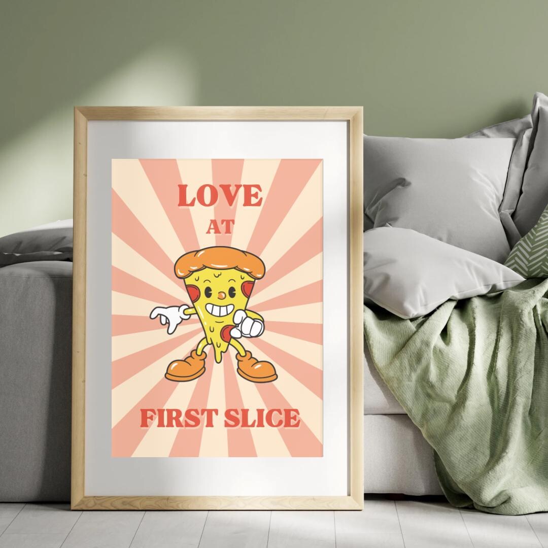 Funny Pizza Poster – “love at First Slice” | Cute Food Art Print ...