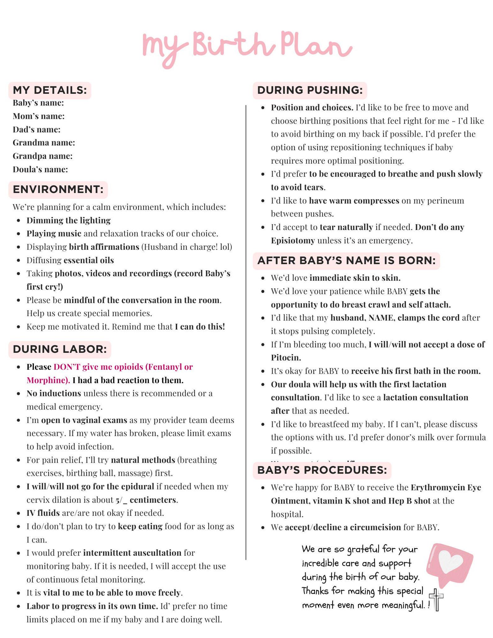 Customizable Birth Plan Template for Canva, Word, Google Docs and ...