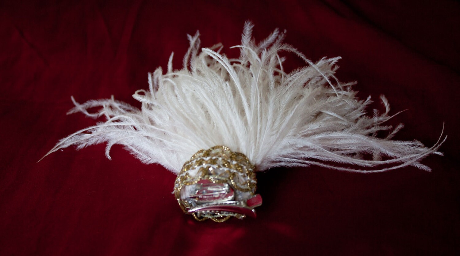 Cream Ostrich Feather Barrette With Vintage Gold Trim - Oversized ...
