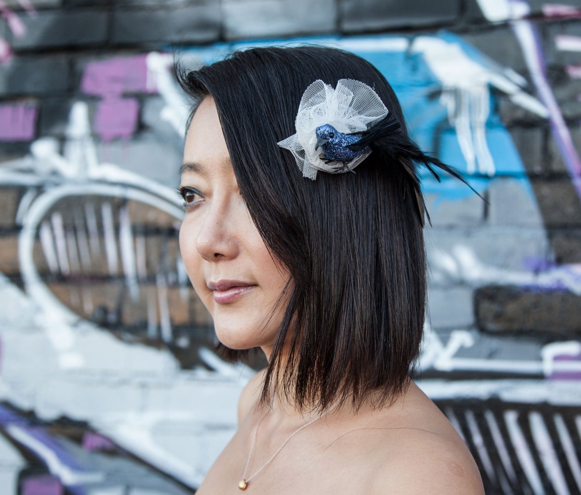 Blue Glitter Bird Fascinator - Bluebird With Black Feather Tail - Etsy