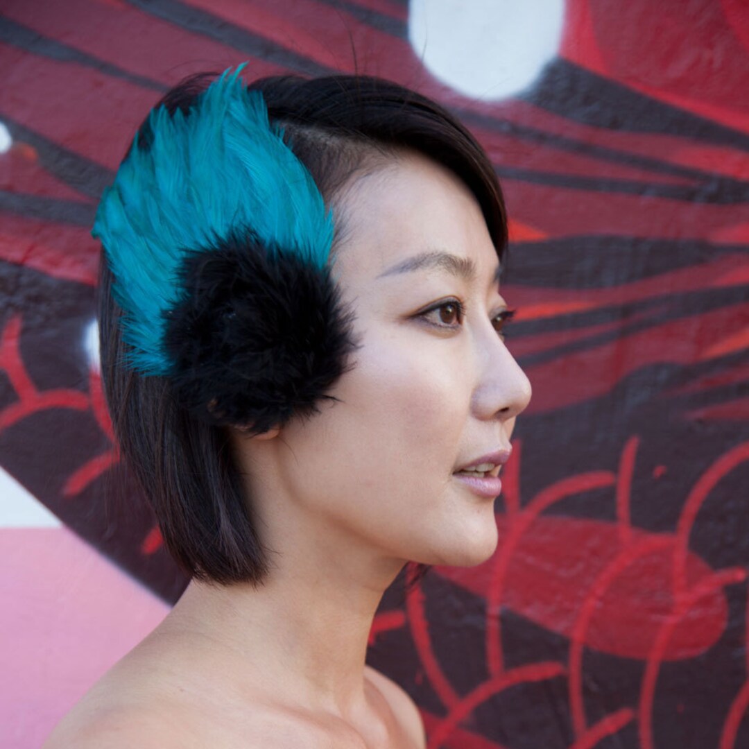 Teal Feather Barrette With Black Marabou Feather Spiral - Etsy