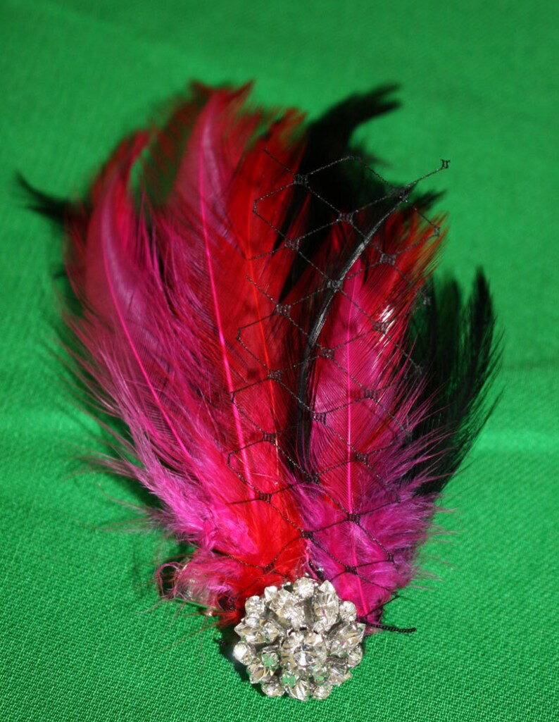 Rhinestone Feather Barrette - Pink, Red and Black Feathers With French ...