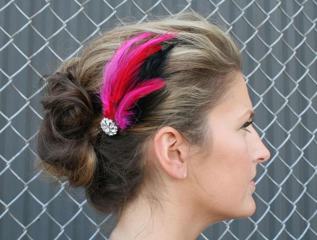 Rhinestone Feather Barrette - Pink, Red and Black Feathers With French ...