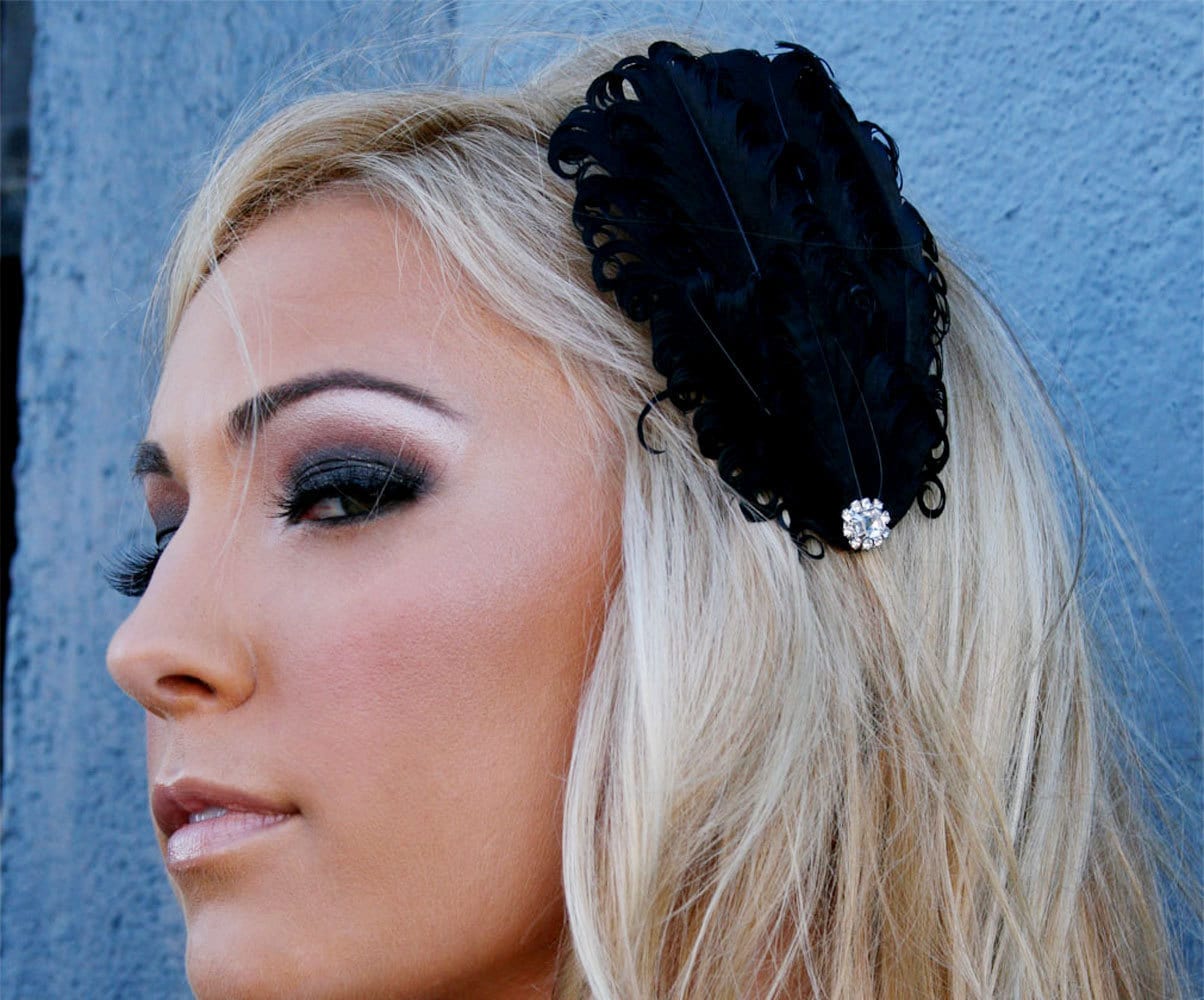 Black Feather Barrette With Swarovski Crystal Detail - Etsy