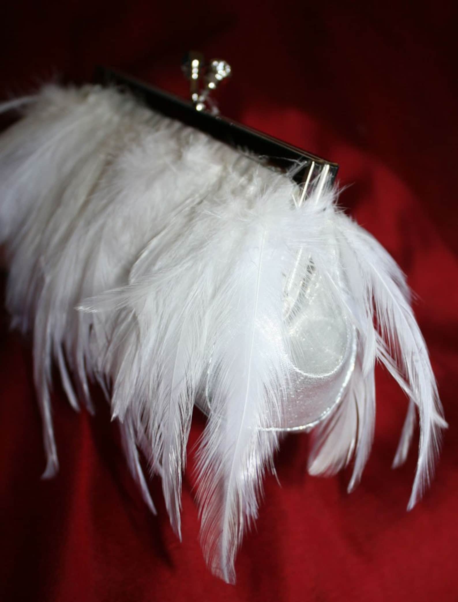 White Feather Purse for Wedding Prom or Evening With Silver Jeweled ...