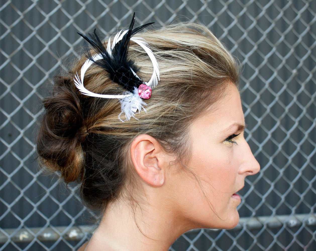 Feather Barrette Pink Swarovski Jewel Crystal, French Veil, and Curled ...