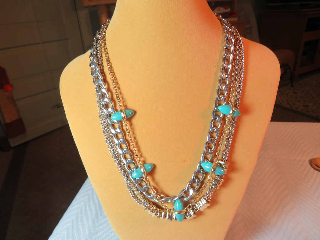 Vintage Steve Madden Signed 3 Strand Necklace Aqua Beads Silver & Gold ...