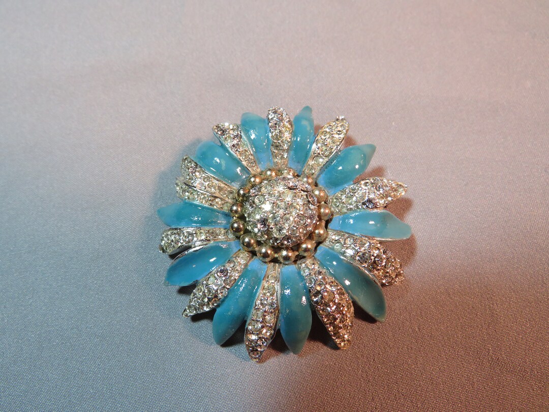 Vintage Halbe Signed Blue Enamel & Clear Rhinestone Daisy Flower Pin ...