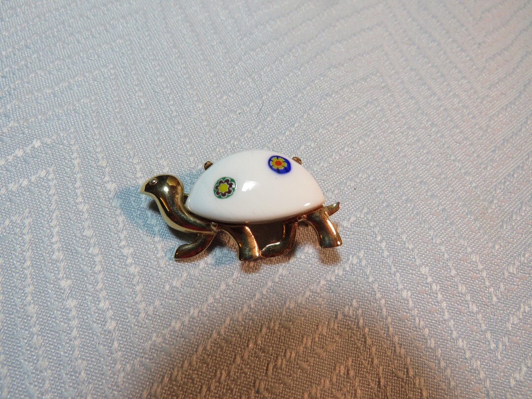 Vintage Eisenberg Signed Turtle Pin Brooch Millefiori Glass Shell 2411 ...
