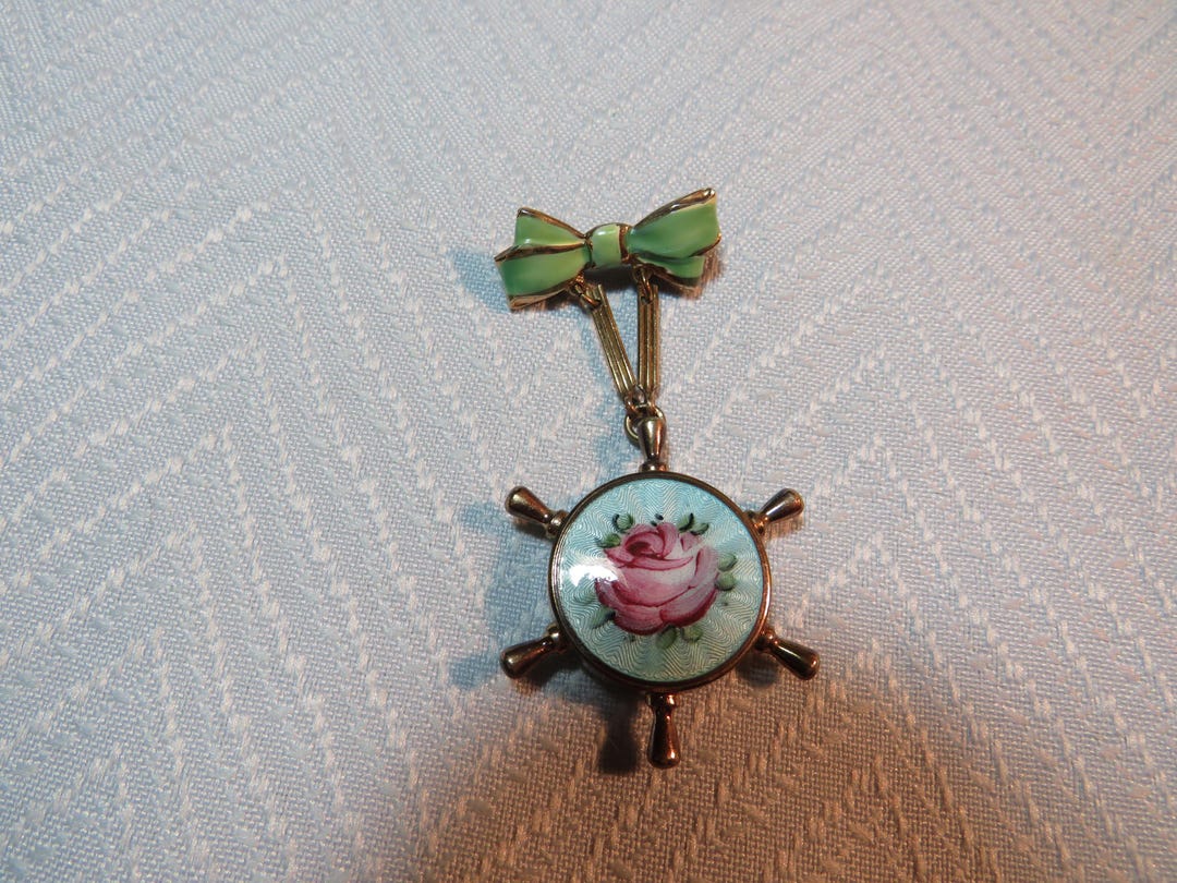 Vintage Yellow Gold Plated Enamel Bow Pin With Dangling Charm Locket ...